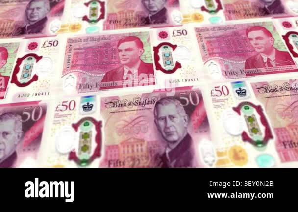 Seamless looping animation of stacked British 50 pound banknotes ...