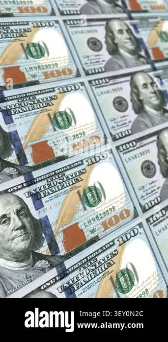 Seamless looping animation of stacked US 100 dollar banknotes, vertical ...
