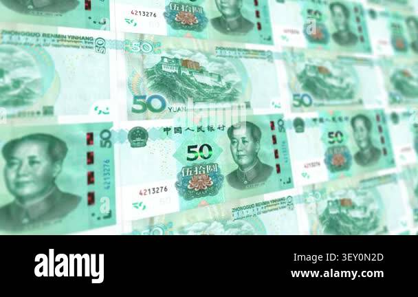Seamless looping animation of stacked Chinese 50 yuan banknotes ...