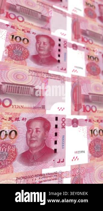 Seamless looping animation of stacked Chinese 100 yuan banknotes ...