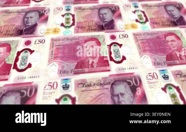 Seamless looping animation of stacked British 50 pound banknotes ...