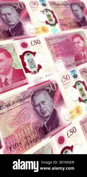 Seamless looping animation of stacked British 50 pound banknotes ...