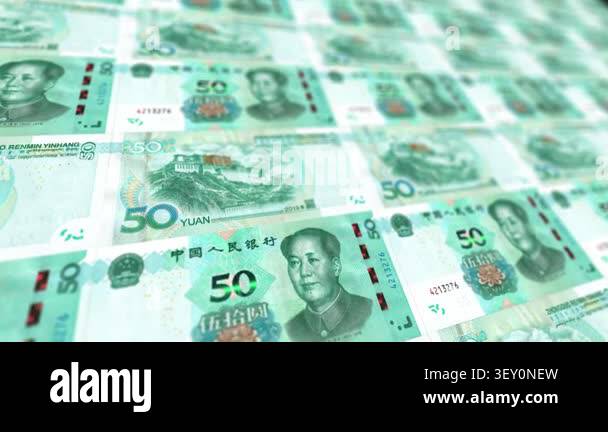 Seamless looping animation of stacked Chinese 50 yuan banknotes ...