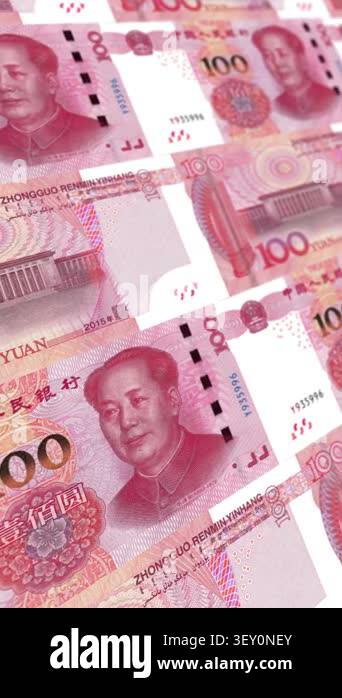Seamless looping animation of stacked Chinese 100 yuan banknotes ...