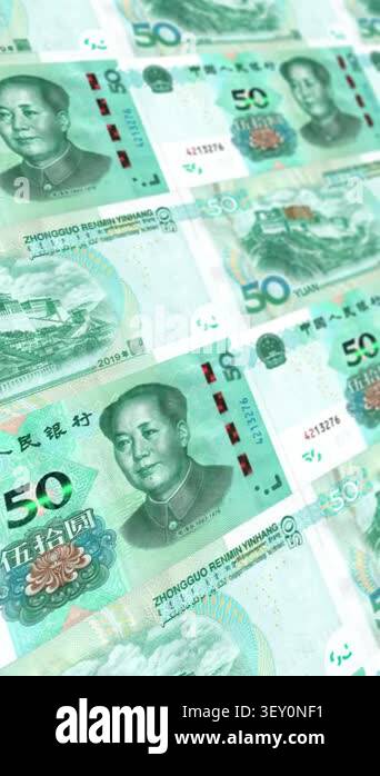 Seamless looping animation of stacked Chinese 50 yuan banknotes ...