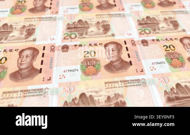 Seamless looping animation of stacked Chinese 20 yuan banknotes ...
