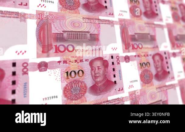 Seamless looping animation of stacked Chinese 100 yuan banknotes ...