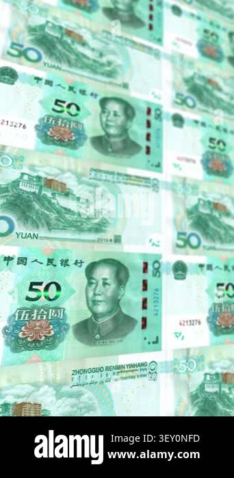 Seamless looping animation of stacked Chinese 50 yuan banknotes ...