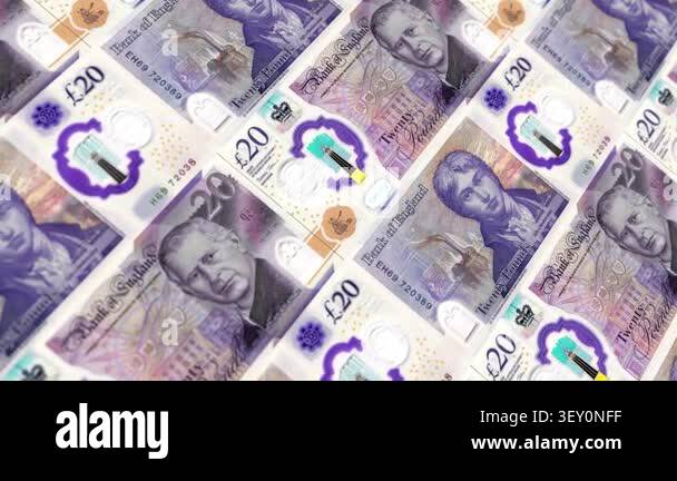 Seamless looping animation of stacked British 20 pound banknotes ...