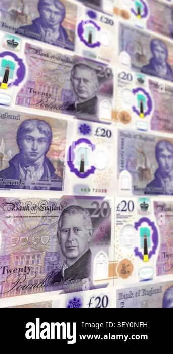 Seamless looping animation of stacked British 20 pound banknotes ...