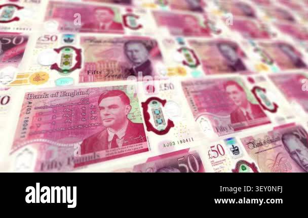 Seamless looping animation of stacked British 50 pound banknotes ...