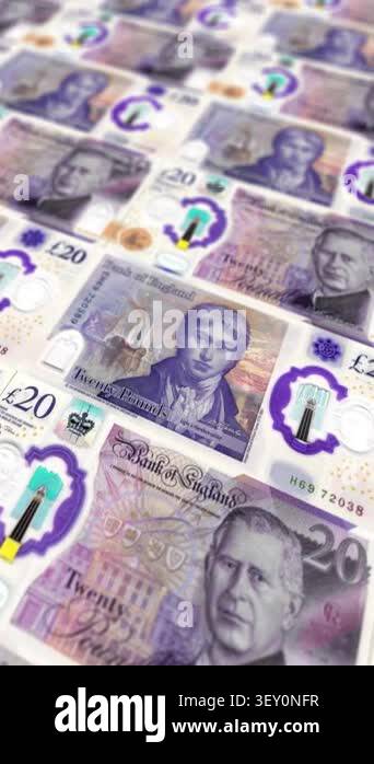 Seamless looping animation of stacked British 20 pound banknotes ...