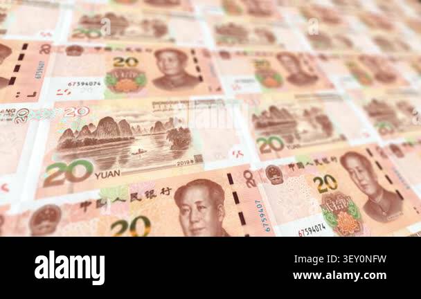 Seamless looping animation of stacked Chinese 20 yuan banknotes ...