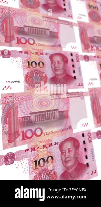 Seamless looping animation of stacked Chinese 100 yuan banknotes ...