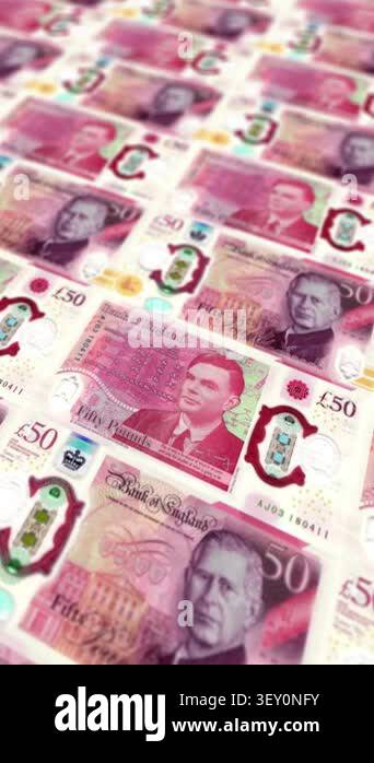 Seamless looping animation of stacked British 50 pound banknotes ...