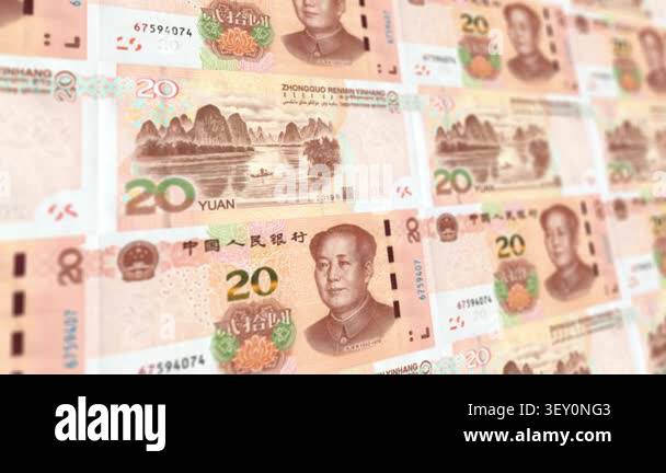 Seamless looping animation of stacked Chinese 20 yuan banknotes ...