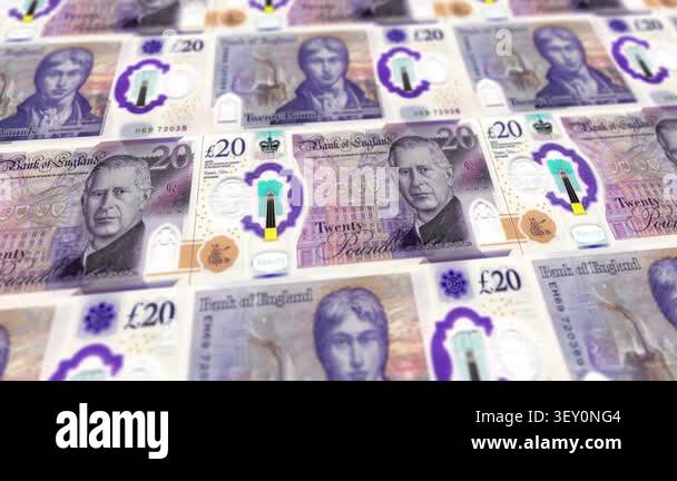 Seamless looping animation of stacked British 20 pound banknotes ...