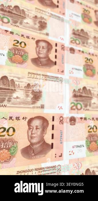 Seamless looping animation of stacked Chinese 20 yuan banknotes ...