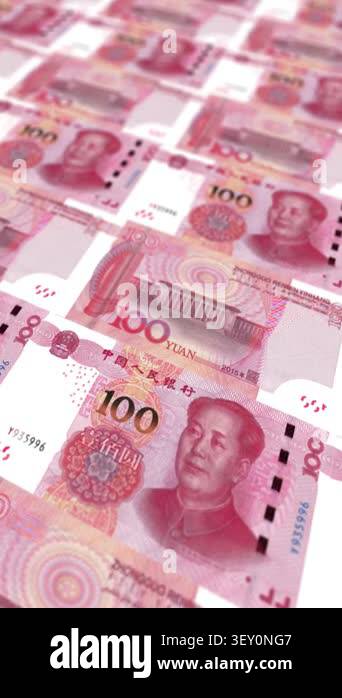 Seamless looping animation of stacked Chinese 100 yuan banknotes ...