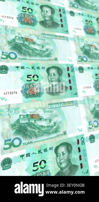 Seamless looping animation of stacked Chinese 50 yuan banknotes ...