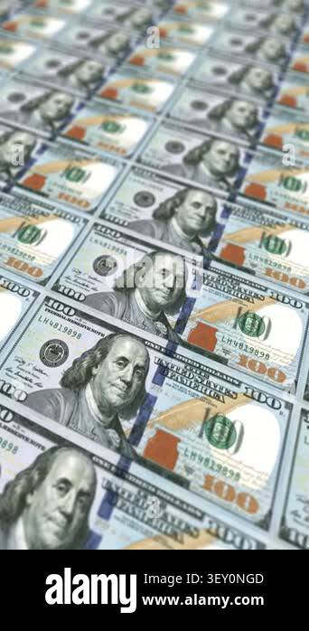 Seamless looping animation of stacked US 100 dollar banknotes, vertical ...