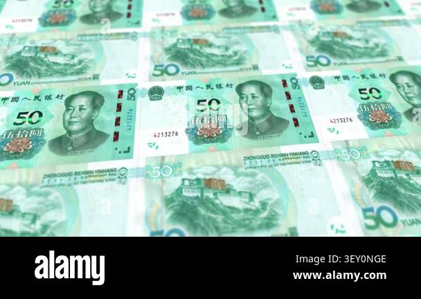 Seamless looping animation of stacked Chinese 50 yuan banknotes ...