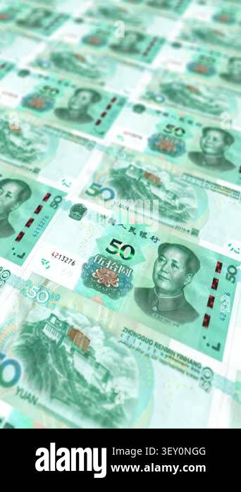 Seamless looping animation of stacked Chinese 50 yuan banknotes ...