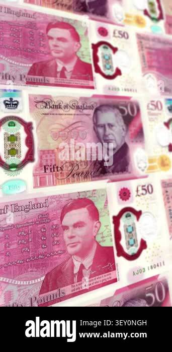 Seamless looping animation of stacked British 50 pound banknotes ...