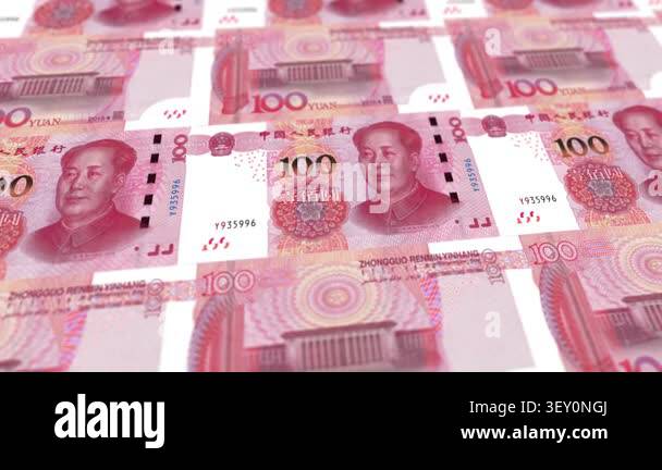 Seamless looping animation of stacked Chinese 100 yuan banknotes ...