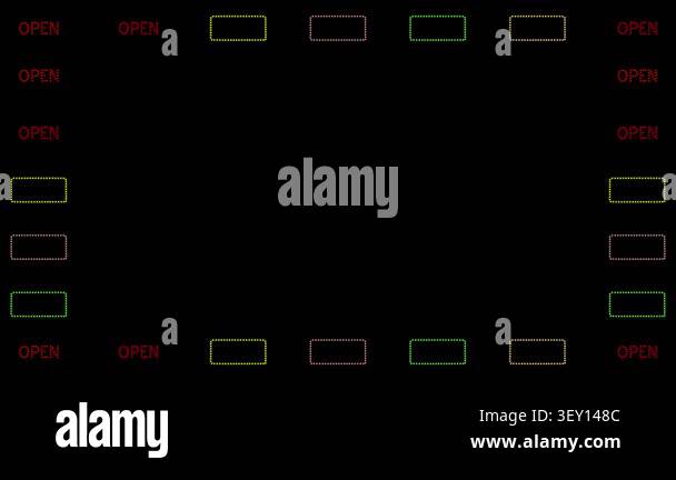 Animated OPEN text with glowing decorative border frames on a dark ...