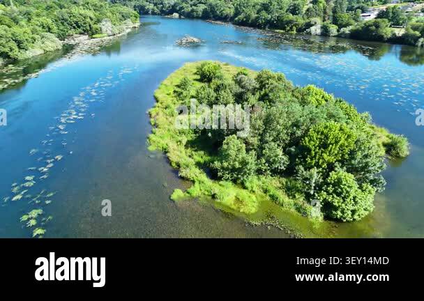 Aerial view of a small island with lush trees in the middle of the ...