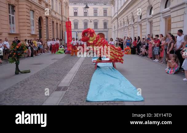 Sibiu, Romania - 26 June 2026 A vibrant Chinese lion dance performance ...