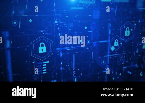3D rendering of a cybersecurity interface with a lock icon and digital ...