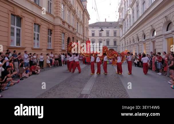 Sibiu, Romania - 26 June 2026 A vibrant Chinese lion dance performance ...