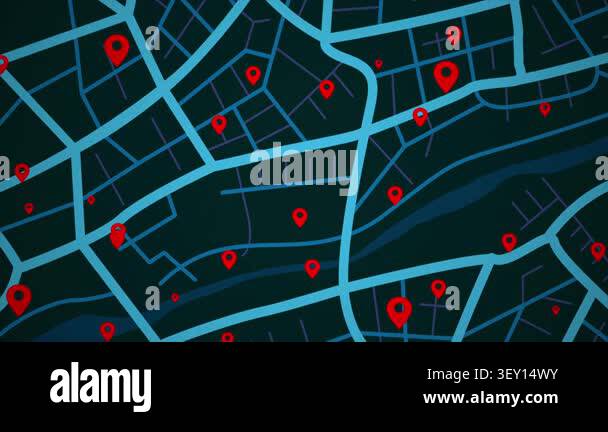 4K UHD Animated city map with location pins and navigation routes ...