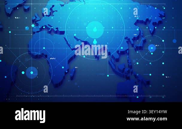 Futuristic world map interface featuring digital radar, network ...