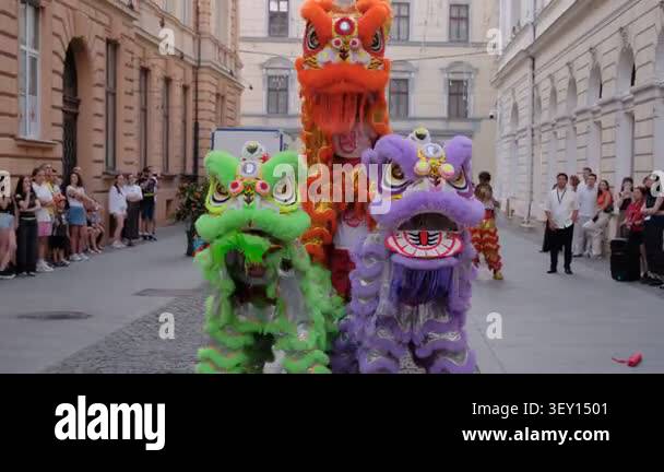 Sibiu, Romania - 26 June 2026 A vibrant Chinese lion dance performance ...