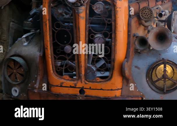 a custom steampunk-themed vehicle sculpture, front features a prominent ...