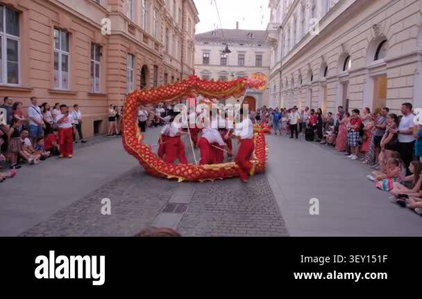 Sibiu, Romania - 26 June 2026 A vibrant Chinese lion dance performance ...