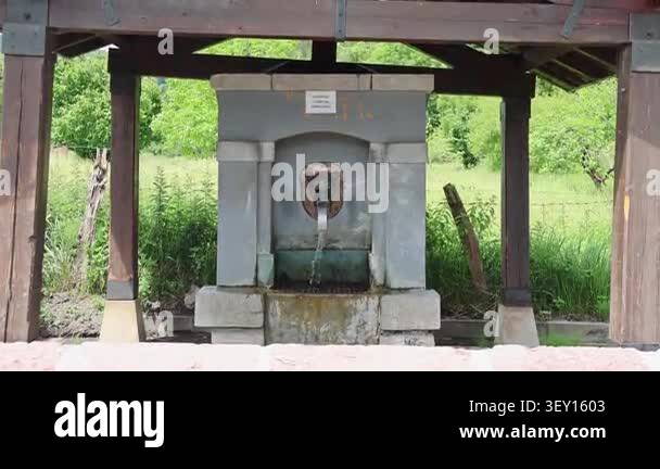 A traditional stone drinking fountain with a decorative lion head spout ...