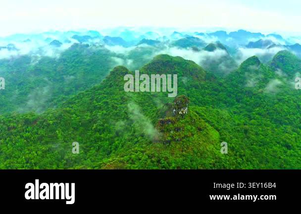 Aerial Drone View of Lush Green Karst Mountains in Mist Stock Video ...