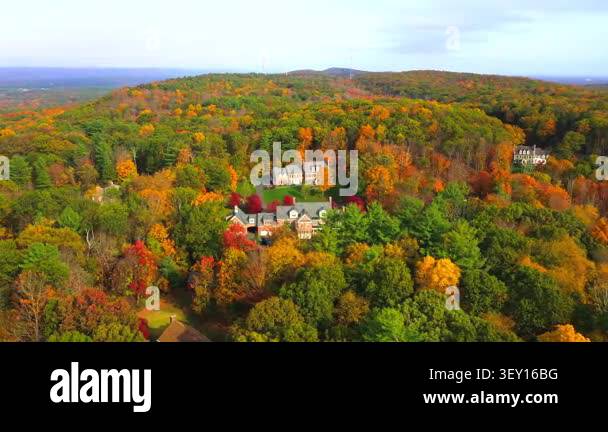 Aerial Drone Shot of Luxury Mansions in Autumn Foliage Forest Stock ...