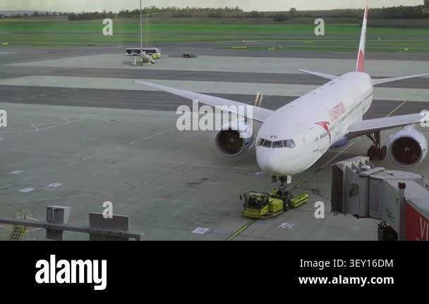View from airport window in Austria showing aircraft on apron ...
