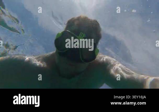 Man swimming underwater with snorkel mask selfie sea vacation Stock ...
