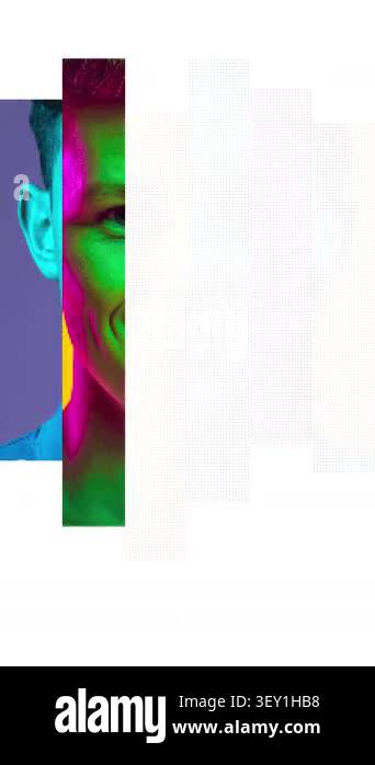 Animation of sliced colorful portrait on white background. Concept of ...