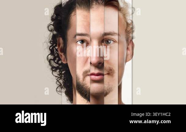 Split male stop motion portrait showing mixed faces and different ...