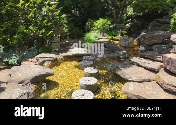 Landscape Design Featuring Waterfall Stream And Mossy Stones In Garden ...