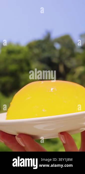 Vertical video. Bright Yellow Jelly Dessert on White Plate against ...