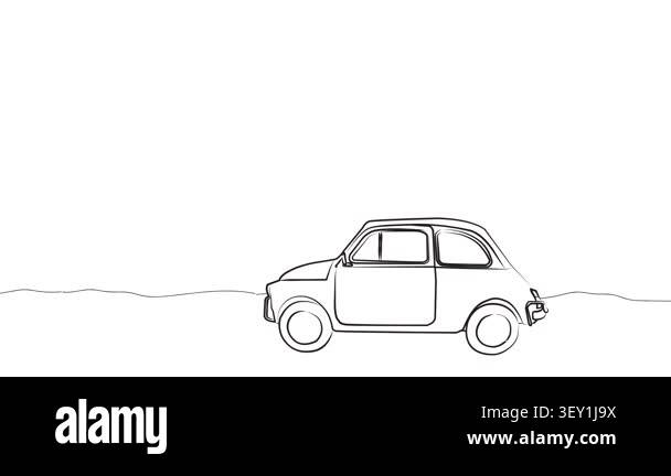 A simple 2D line art animation featuring a small classic car driving ...