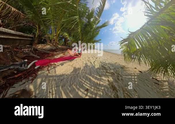 Tropical Coastal Retreat, Man Relaxing in Red Hammock Under Palm Tree ...
